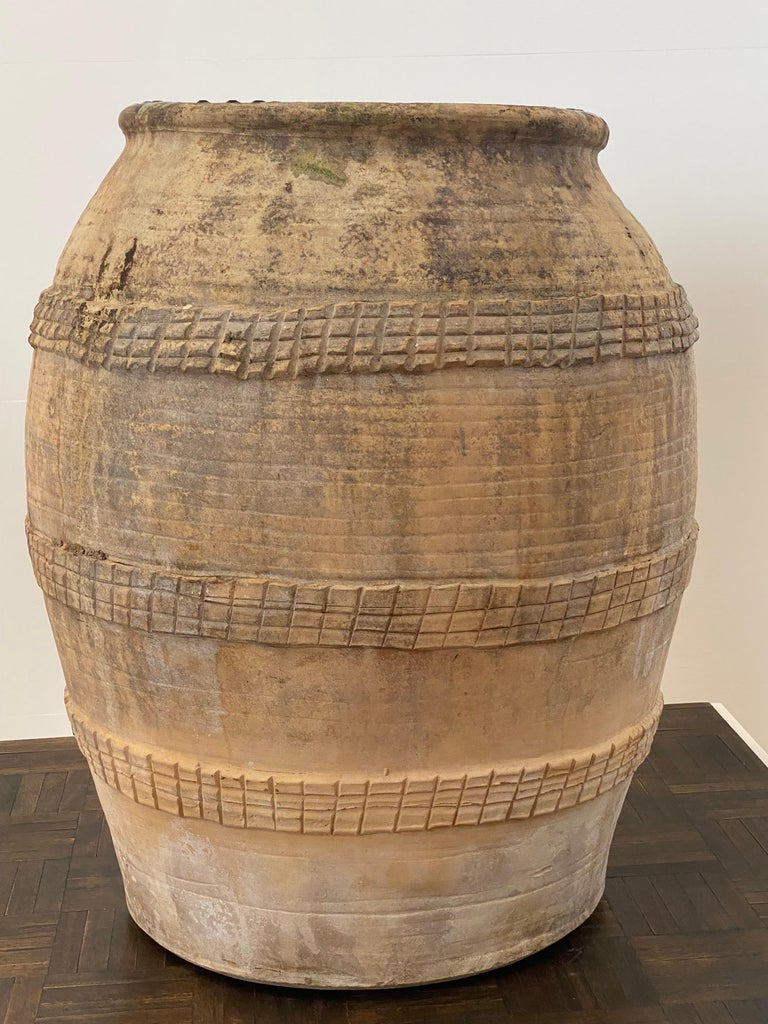 Spanish Green Glazed Terracotta Jar with Elegant Decorations For Sale ...