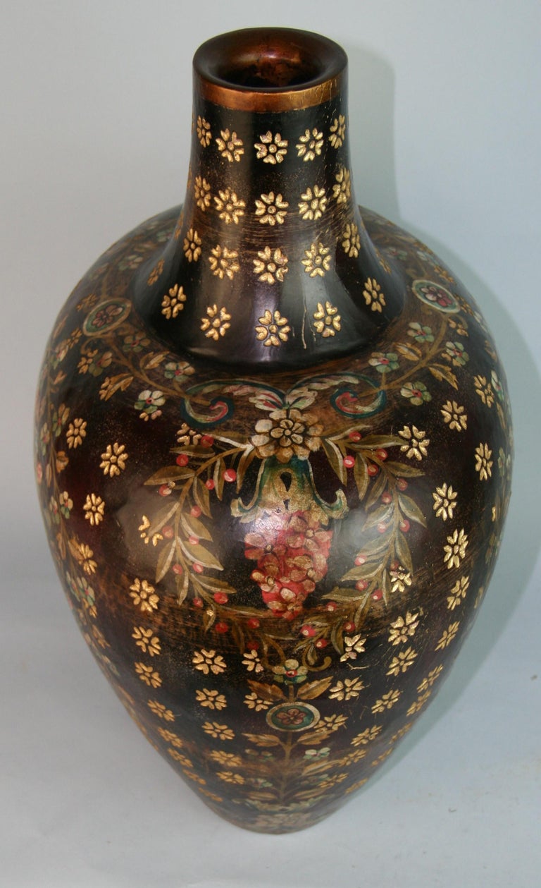 Spanish Hand Carved and Painted Wood Vase For Sale at 1stDibs