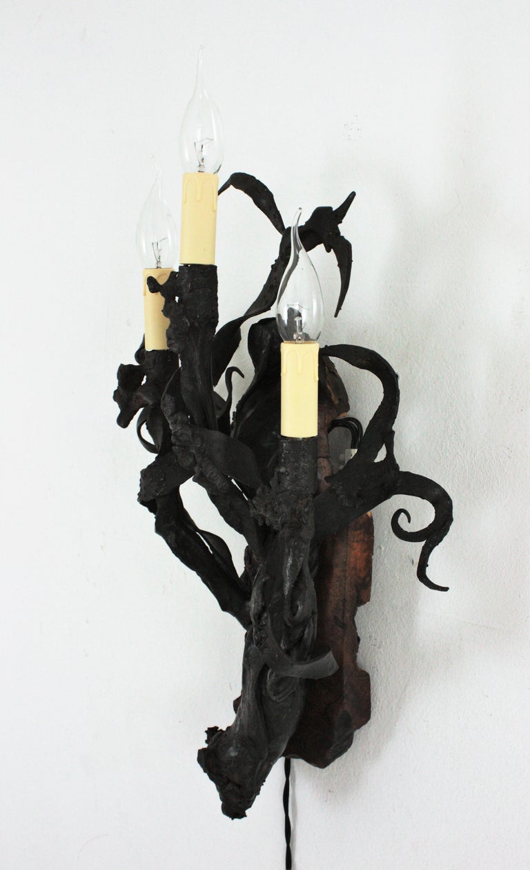 Spanish Hand Forged Iron and Wood Medieval Inspired Torch Wall Sconce ...