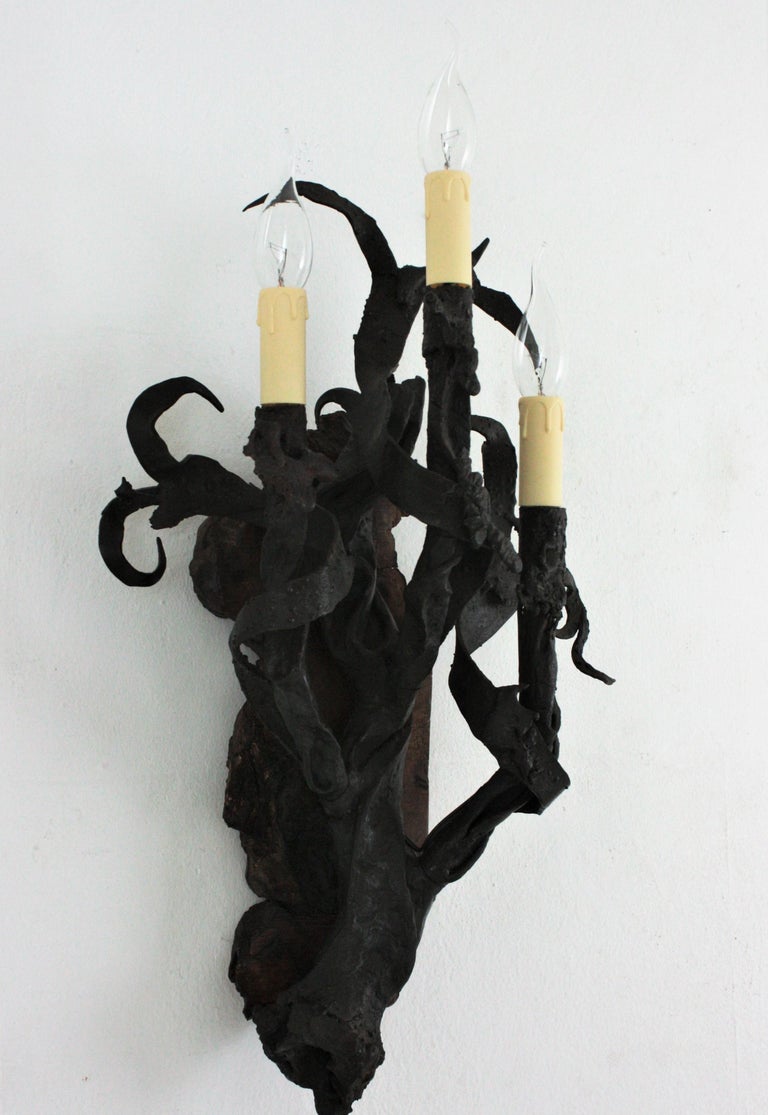 Spanish Hand Forged Iron and Wood Medieval Inspired Torch Wall Sconce ...