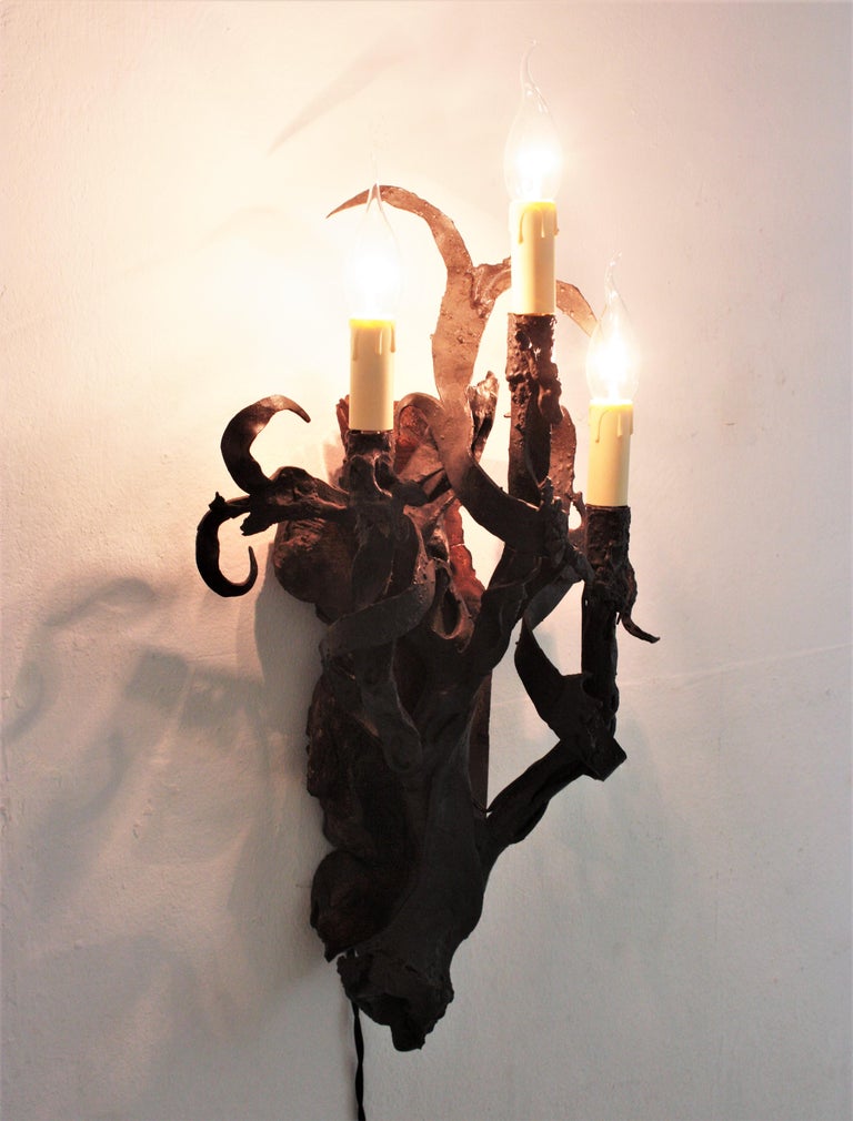 Spanish Hand Forged Iron and Wood Medieval Inspired Torch Wall Sconce ...