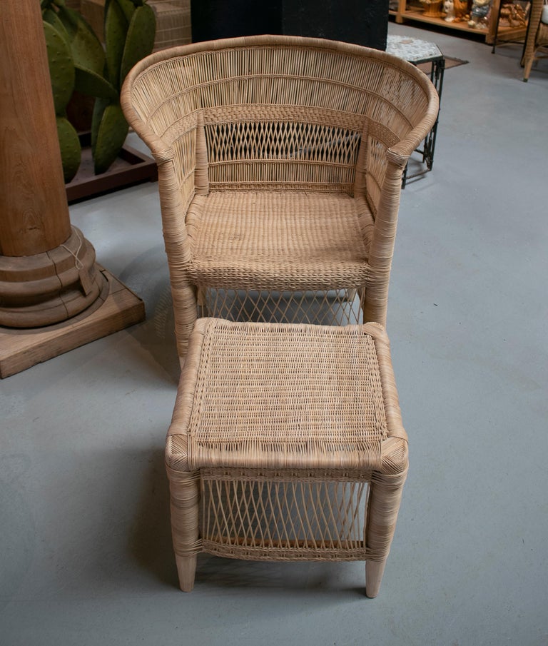 Spanish Hand Woven Rattan Armchair and Low Puff Stool For Sale at ...