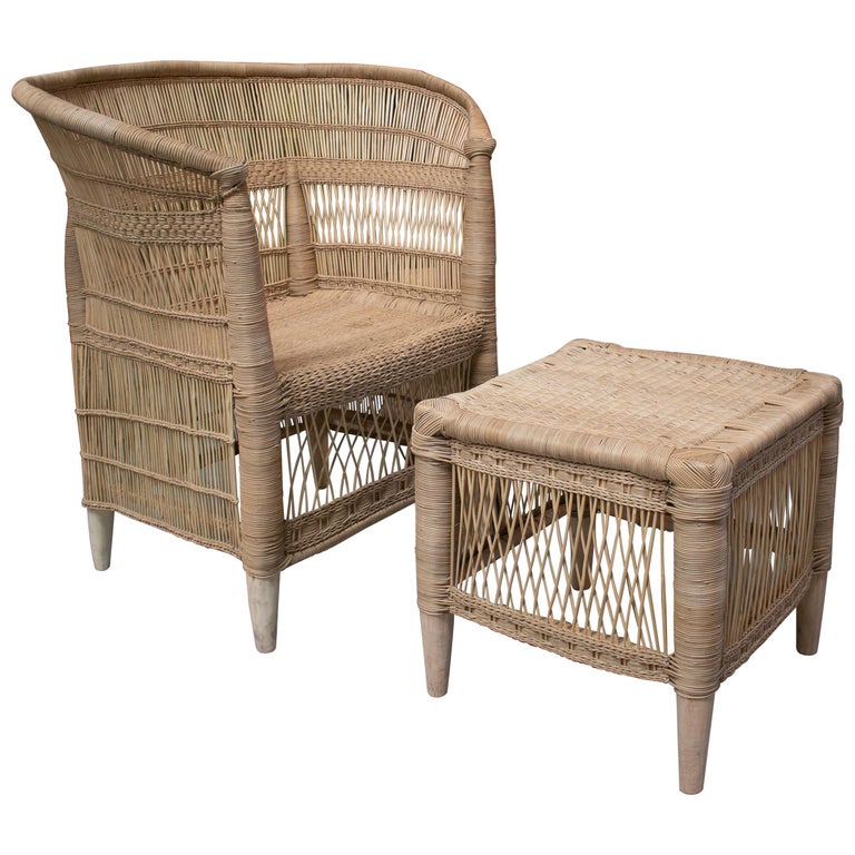 Spanish Hand Woven Rattan Armchair and Low Puff Stool For Sale at ...
