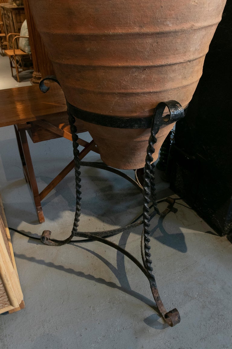 Spanish Handmade Ceramic Jar with Iron Base For Sale at 1stDibs