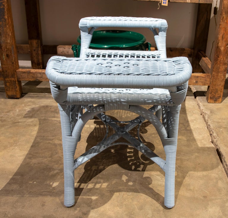Spanish Handmade Wicker Stool Lacquered in Blue Colour For Sale at 1stDibs