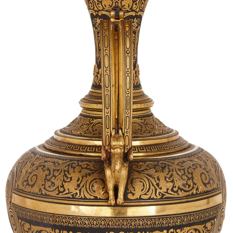 Spanish Iron Inlaid with Gold Vase For Sale at 1stDibs
