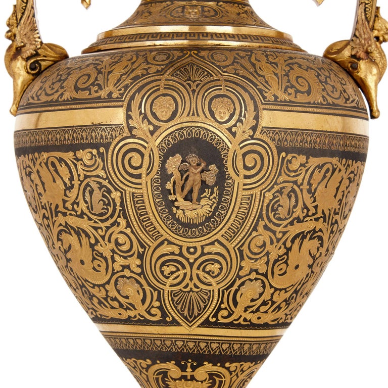 Spanish Iron Inlaid with Gold Vase For Sale at 1stDibs