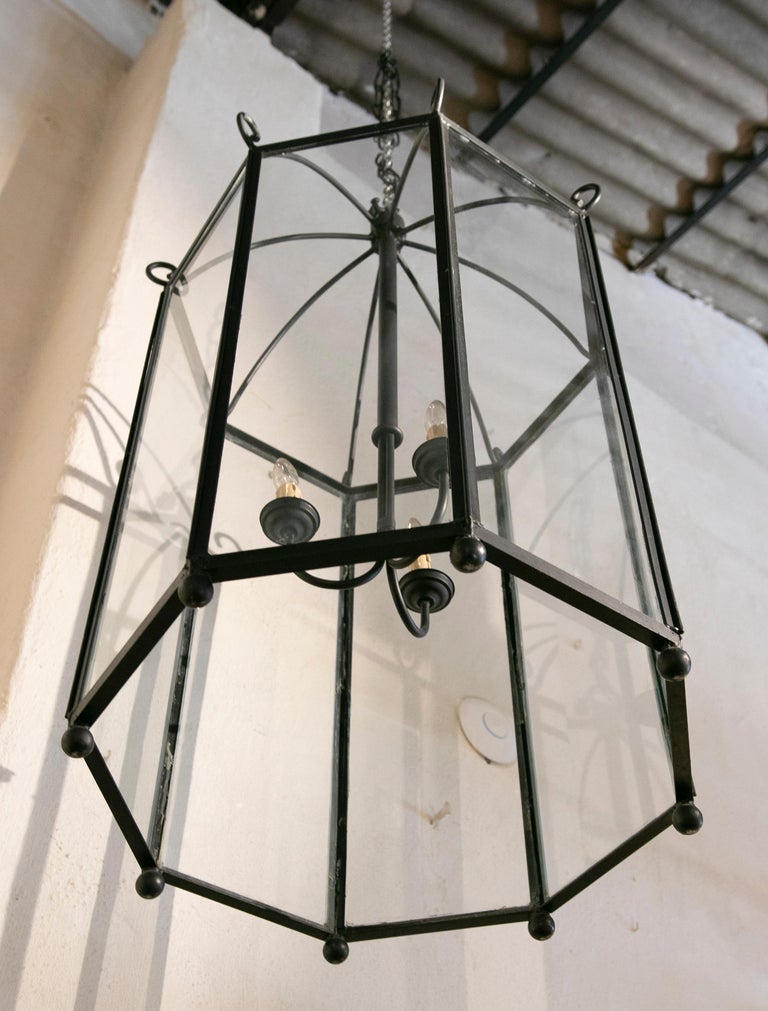 Spanish Large Lantern with Iron Ceiling with Glass at 1stDibs