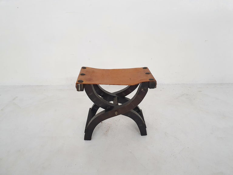Spanish Leather and Oak Folding Stool, 1950's For Sale at 1stDibs