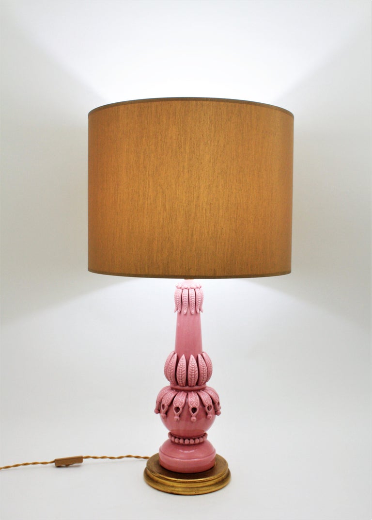 Spanish Manises Majolica Pink Glazed Ceramic Table Lamp on Giltwood ...