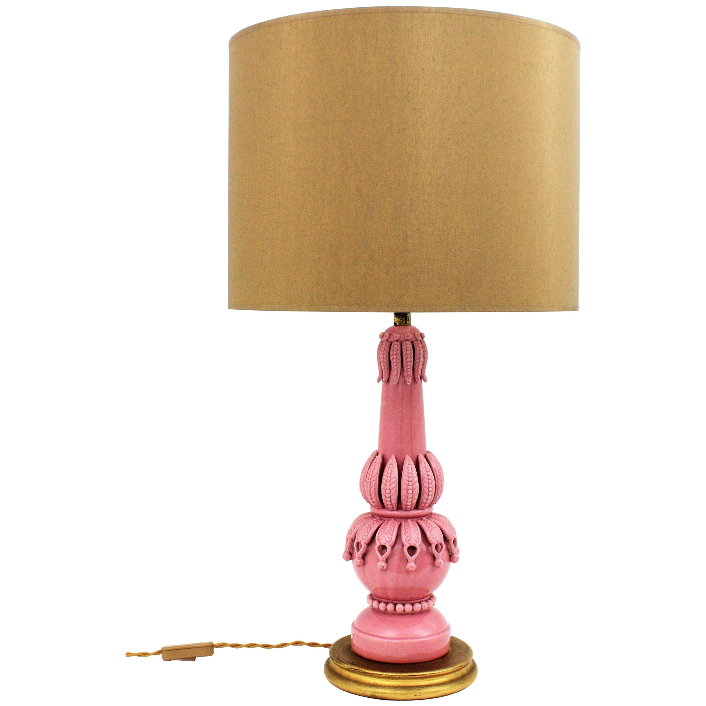 Spanish Manises Majolica Pink Glazed Ceramic Table Lamp on Giltwood ...