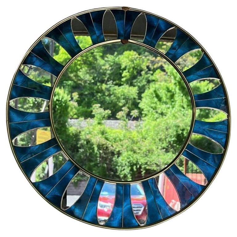 Spanish Mid-Century Mirror with Brass Frame and Blue Foil Inlays For ...