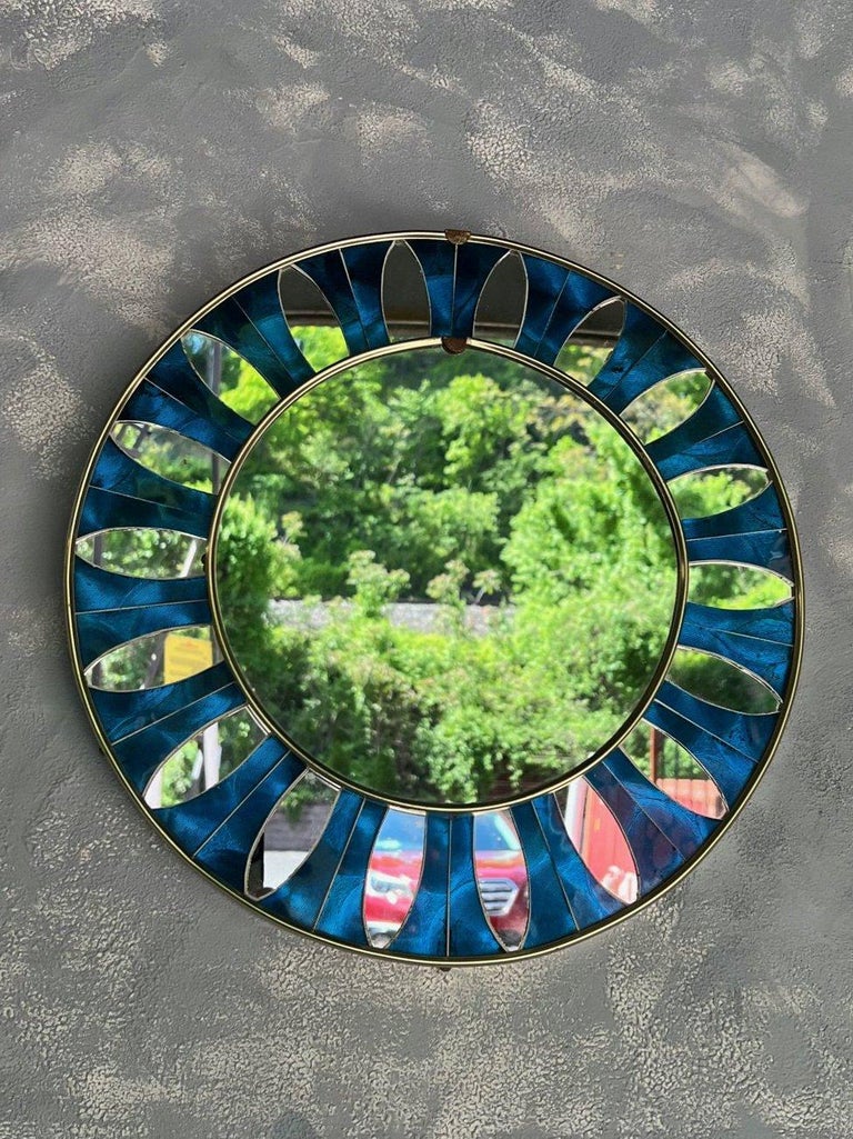 Spanish Mid-Century Mirror with Brass Frame and Blue Foil Inlays For ...