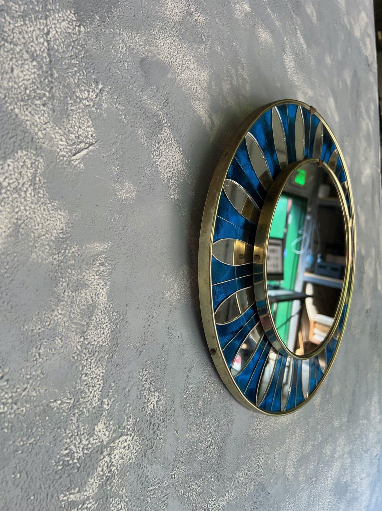 Spanish Mid-Century Mirror with Brass Frame and Blue Foil Inlays For ...