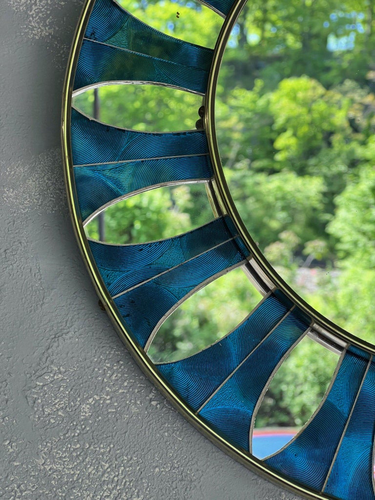 Spanish Mid-Century Mirror with Brass Frame and Blue Foil Inlays For ...