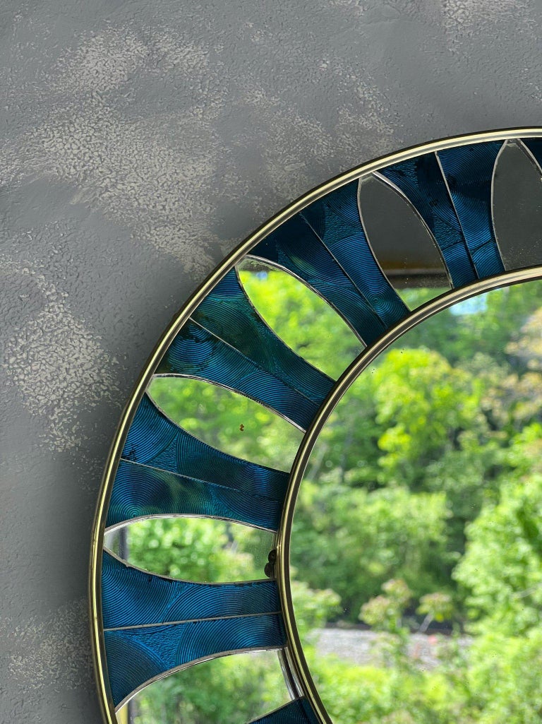 Spanish Mid-Century Mirror with Brass Frame and Blue Foil Inlays For ...