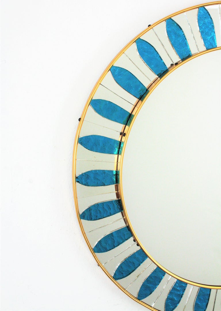 Spanish Mid-Century Modern Sunburst Circular Mirror with Blue Mirrored ...