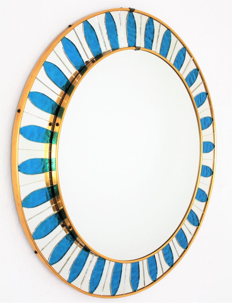 Spanish Mid-Century Modern Sunburst Circular Mirror with Blue Mirrored ...