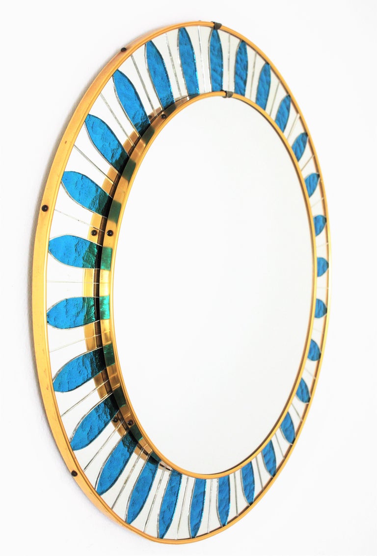 Spanish Mid-Century Modern Sunburst Circular Mirror with Blue Mirrored ...