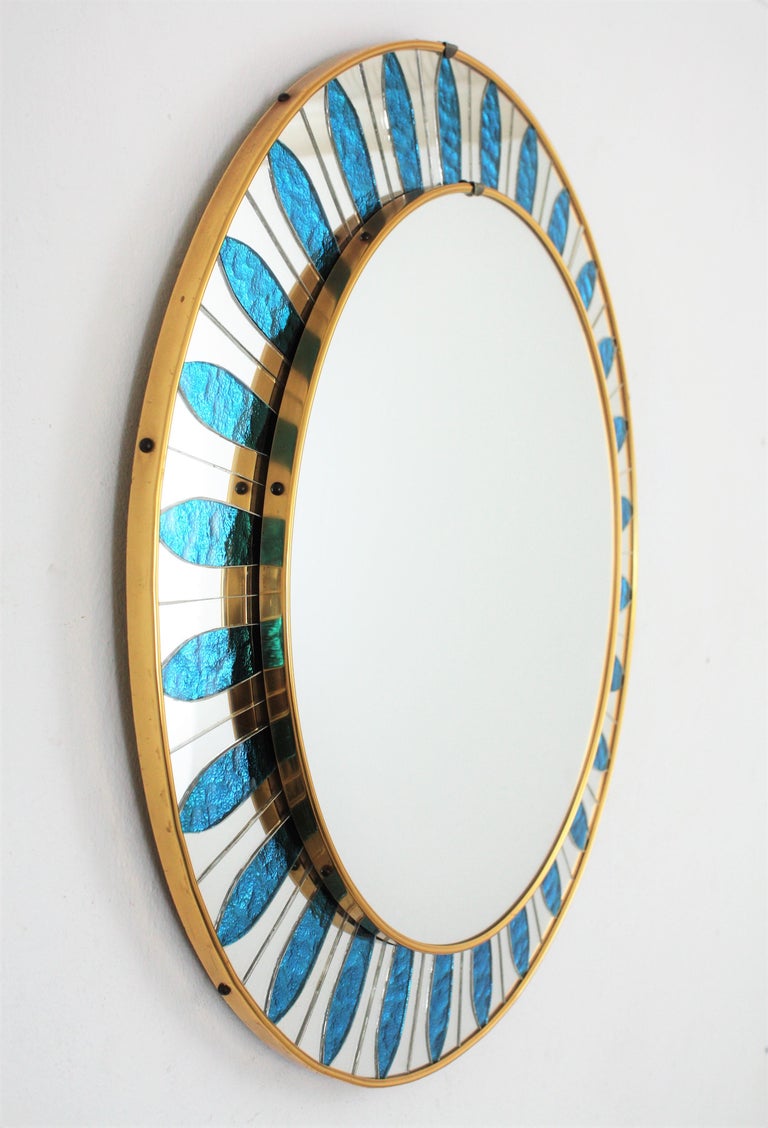 Spanish Mid-Century Modern Sunburst Circular Mirror with Blue Mirrored ...