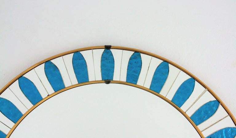 Spanish Mid-Century Modern Sunburst Circular Mirror with Blue Mirrored ...