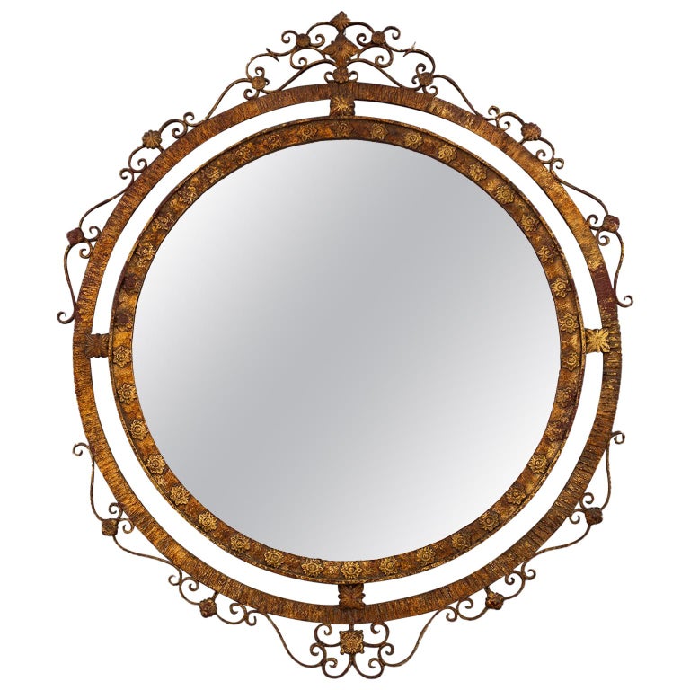 Spanish Mirror with Round Gilt Iron Fancy Double Edge Frame at 1stDibs