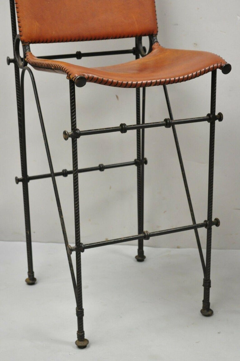 Spanish Modern Orange Leather Wrought Iron Brutalist Goor Bar Stools ...