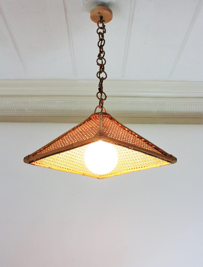 Spanish Modern Rattan and Wicker Wire Trapezoid Pendant Hanging Light ...