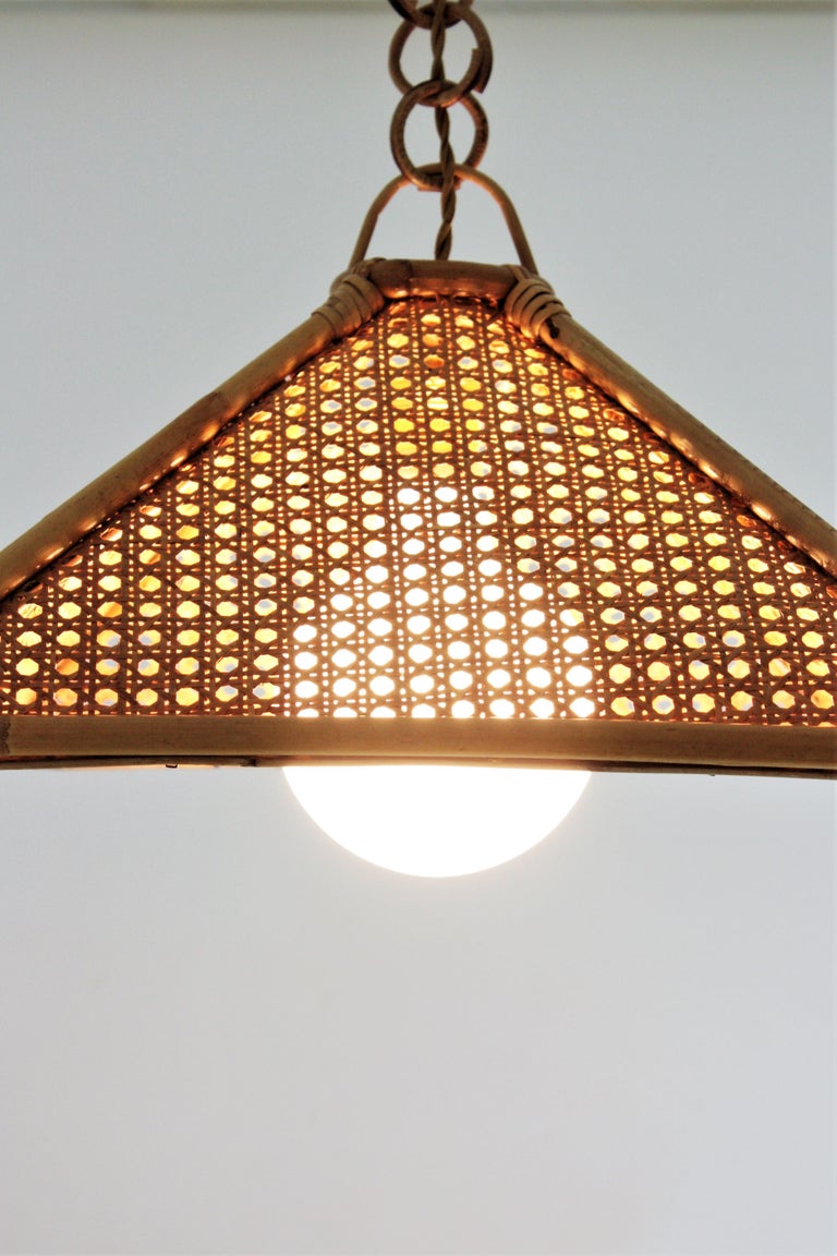 Spanish Modern Rattan and Wicker Wire Trapezoid Pendant Hanging Light ...