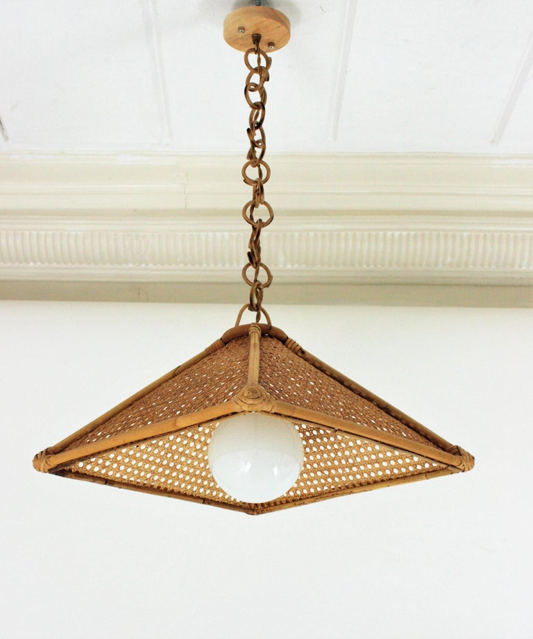 Spanish Modern Rattan and Wicker Wire Trapezoid Pendant Hanging Light ...