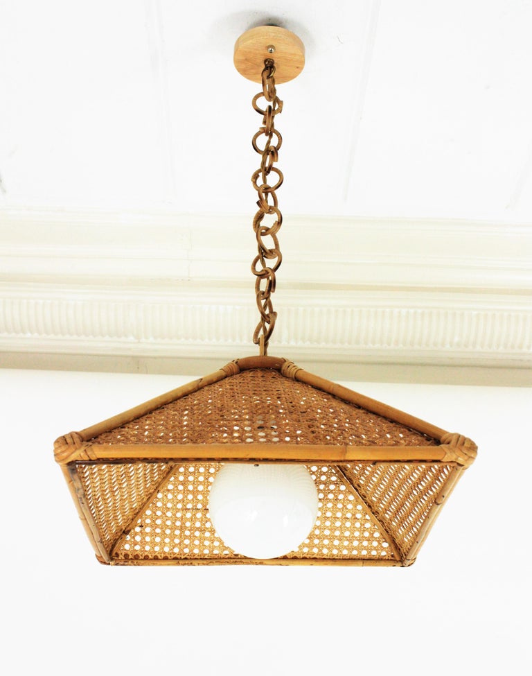 Spanish Modern Rattan and Wicker Wire Trapezoid Pendant Hanging Light ...