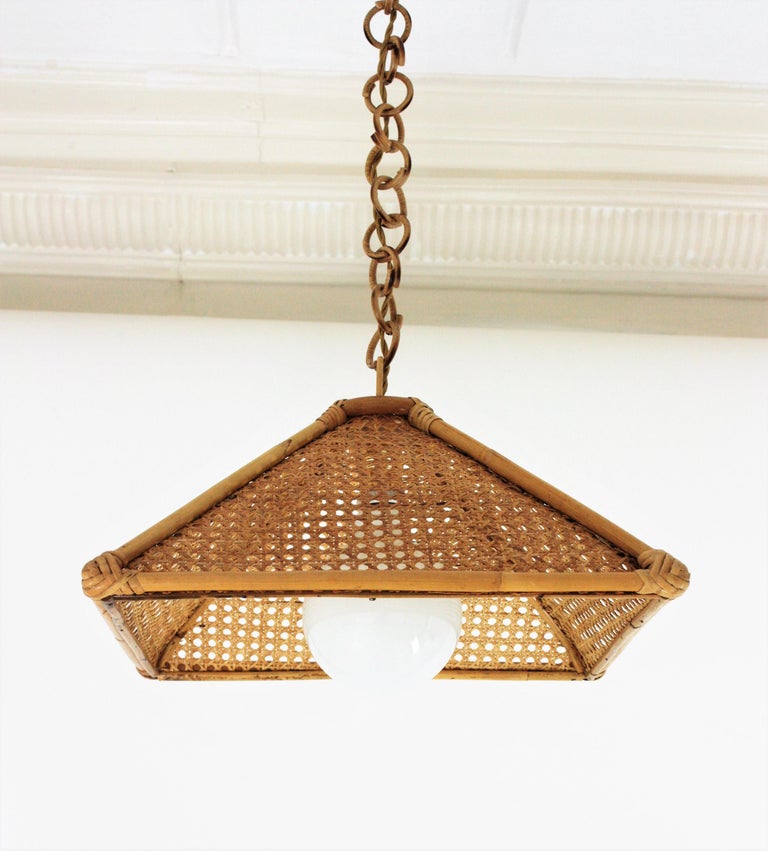 Spanish Modern Rattan and Wicker Wire Trapezoid Pendant Hanging Light ...