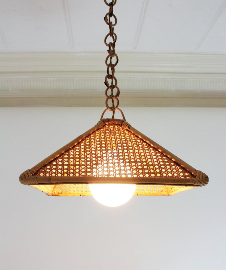 Spanish Modern Rattan and Wicker Wire Trapezoid Pendant Hanging Light ...