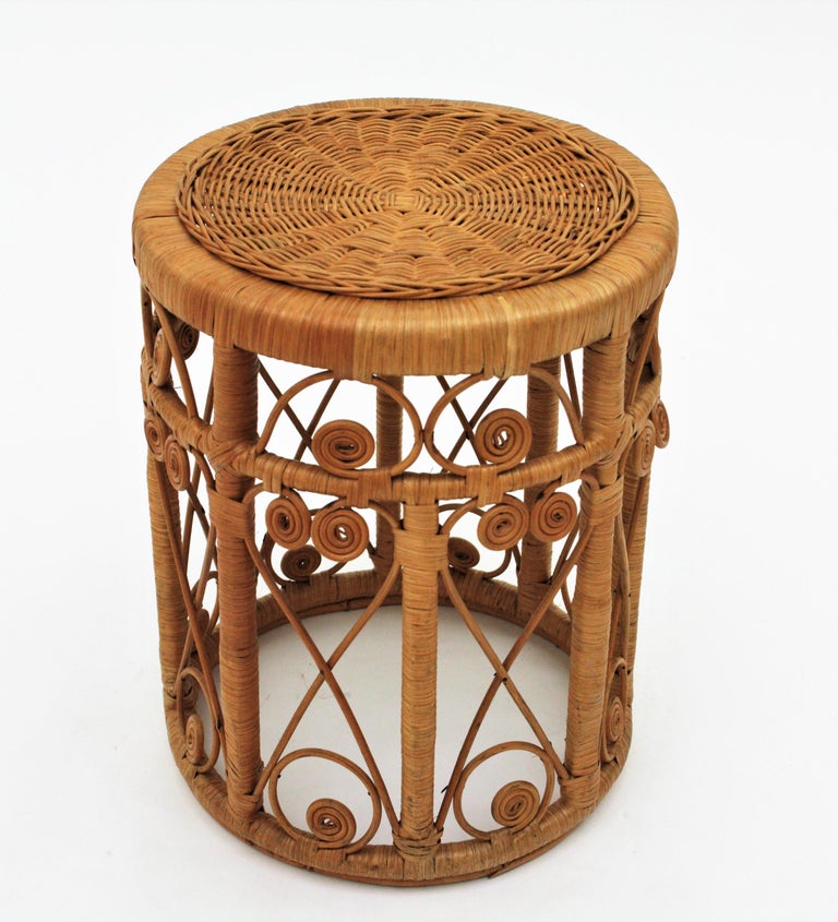 Rattan Round Stool or End Table with Filigree Details, 1960s For Sale ...