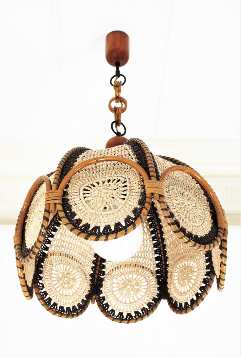 Spanish Modernist Beige and Brown Macramé Large Pendant Lamp with ...