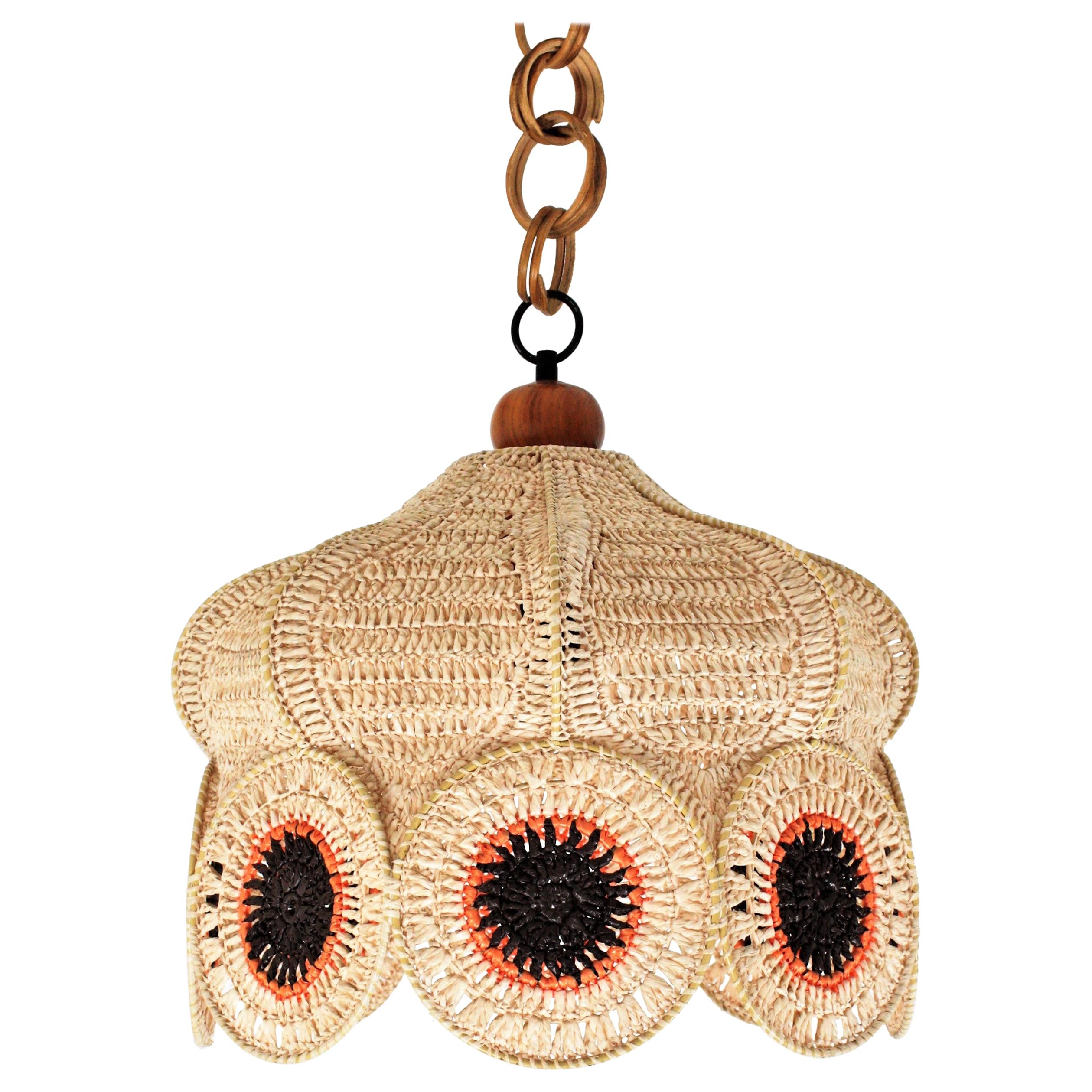 Spanish Modernist Large Pendant Lamp in Beige, Orange and Brown Macramé ...