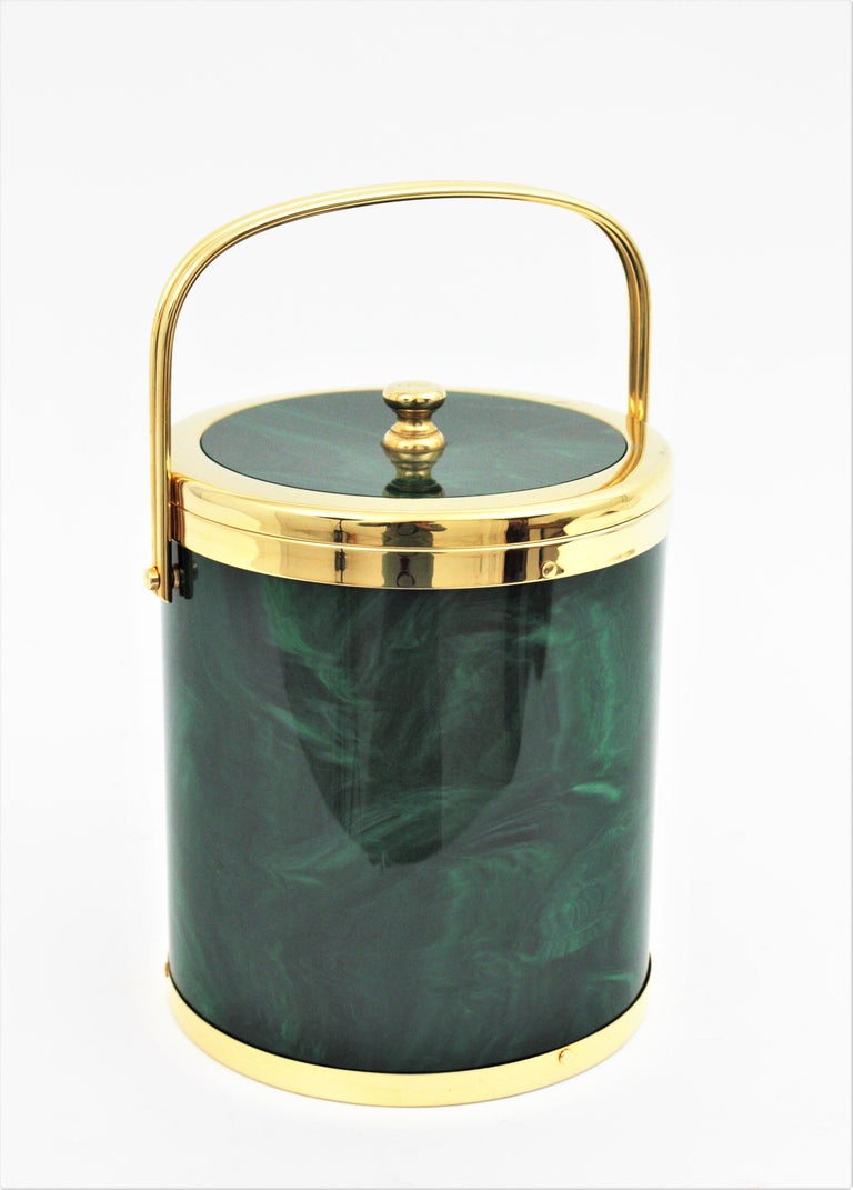 Spanish Modernist Faux Malachite and Brass Ice Bucket with Tongs For ...