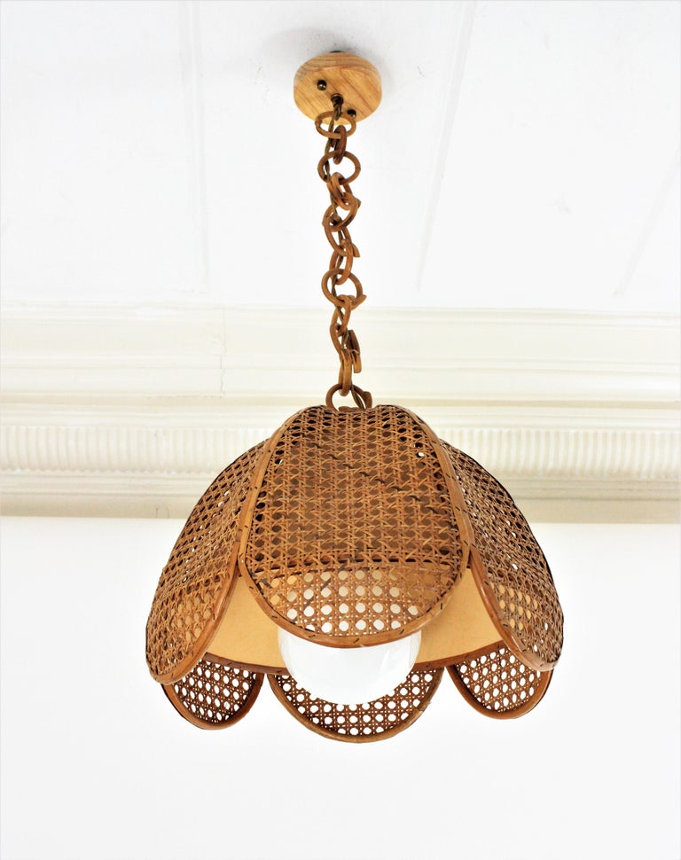 Spanish Modernist Woven Wicker Rattan Palm Pendant Light, 1960s For ...