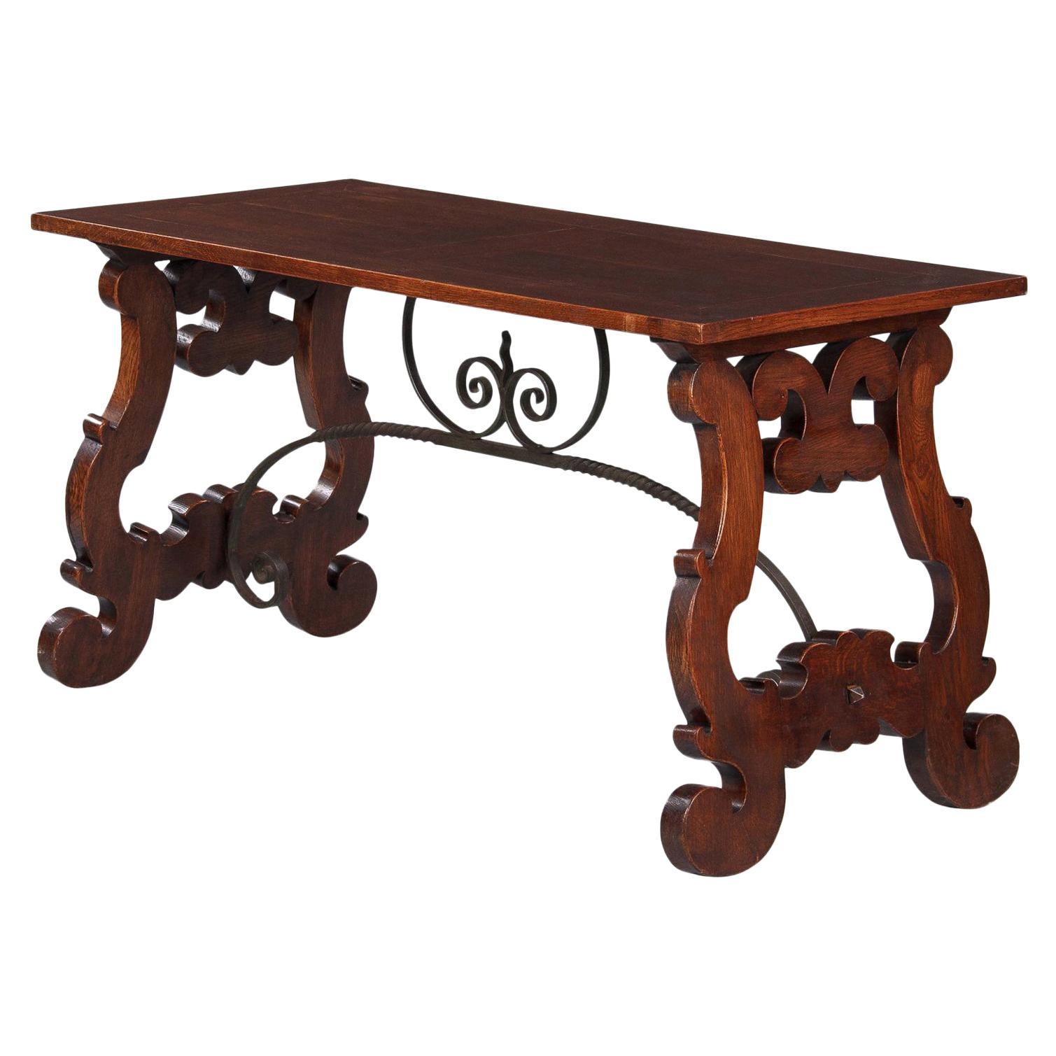 Spanish Oak Console Table with Iron Stretcher, Early 1900s at 1stDibs