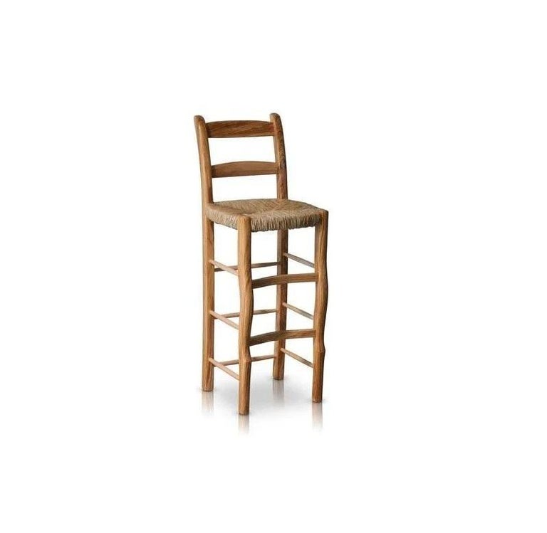 Spanish Olive Wood Hand-Crafted Rush Seating Bar Chairs For Sale at 1stDibs