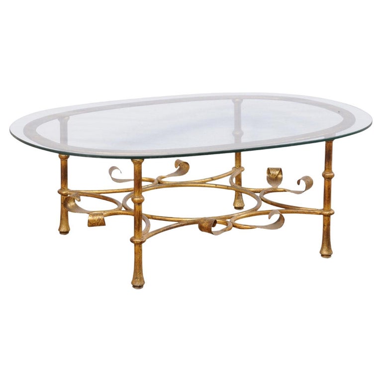 Spanish Oval Glass-Top Table with Iron Base (Gold Finish), Mid 20th C ...