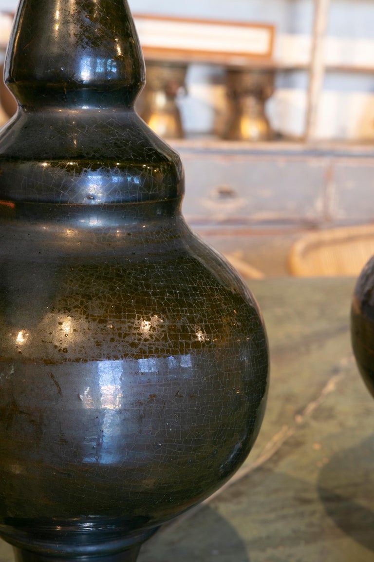 Spanish Pair of Black Glazed Ceramic Finials For Sale at 1stDibs