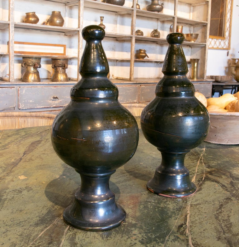 Spanish Pair of Black Glazed Ceramic Finials For Sale at 1stDibs