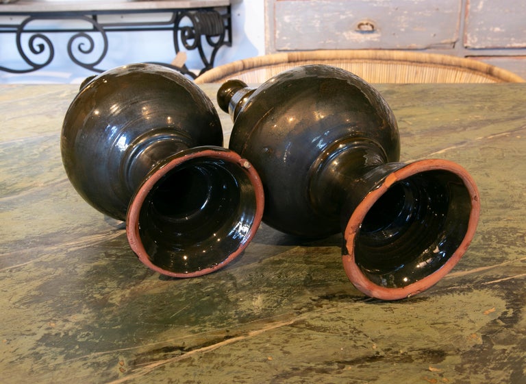 Spanish Pair of Black Glazed Ceramic Finials For Sale at 1stDibs