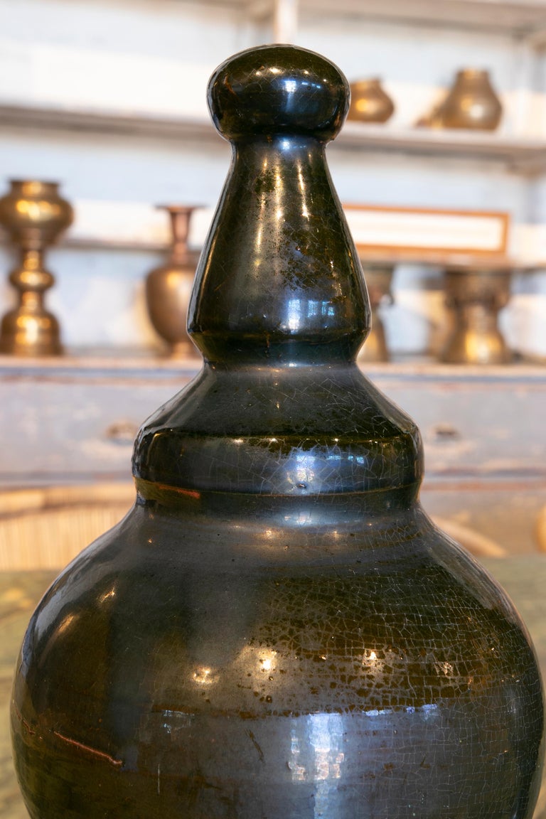 Spanish Pair of Black Glazed Ceramic Finials For Sale at 1stDibs