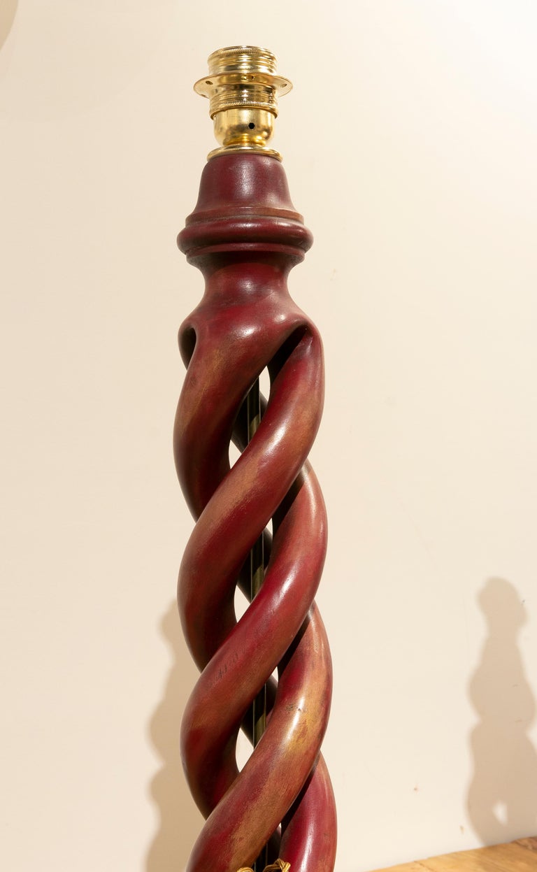 Spanish Pair of Hand Carved Wooden Lamps in Red Colour For Sale at 1stDibs