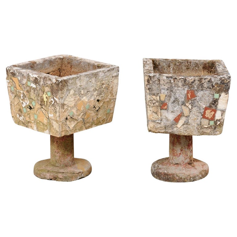 Spanish Pair of Mosaic Tile Folk Art Raised Planters, Mid 20th Century ...