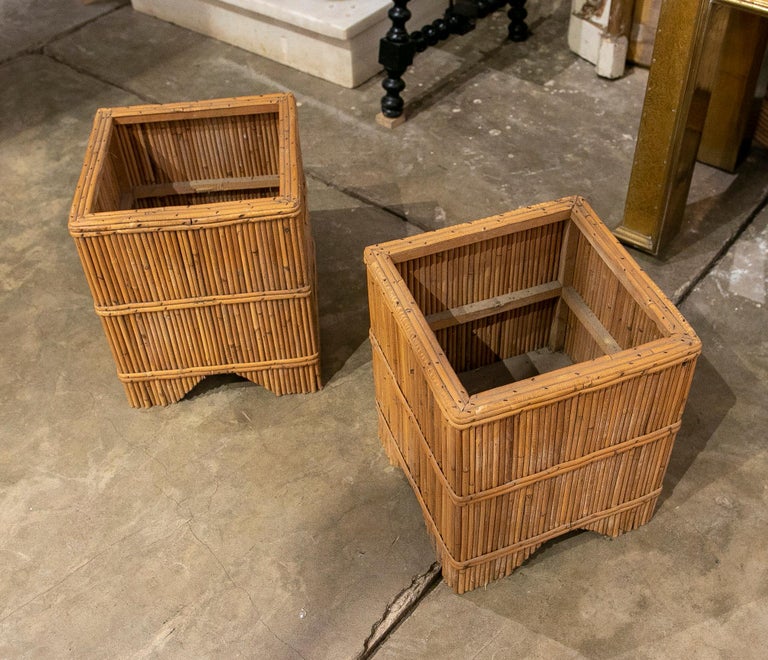 Spanish Pair of Square Bamboo Flowerpots For Sale at 1stDibs