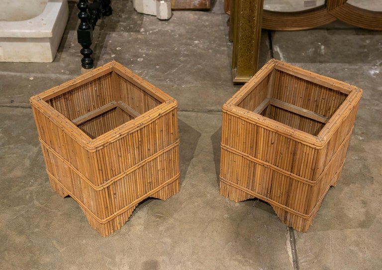 Spanish Pair of Square Bamboo Flowerpots For Sale at 1stDibs