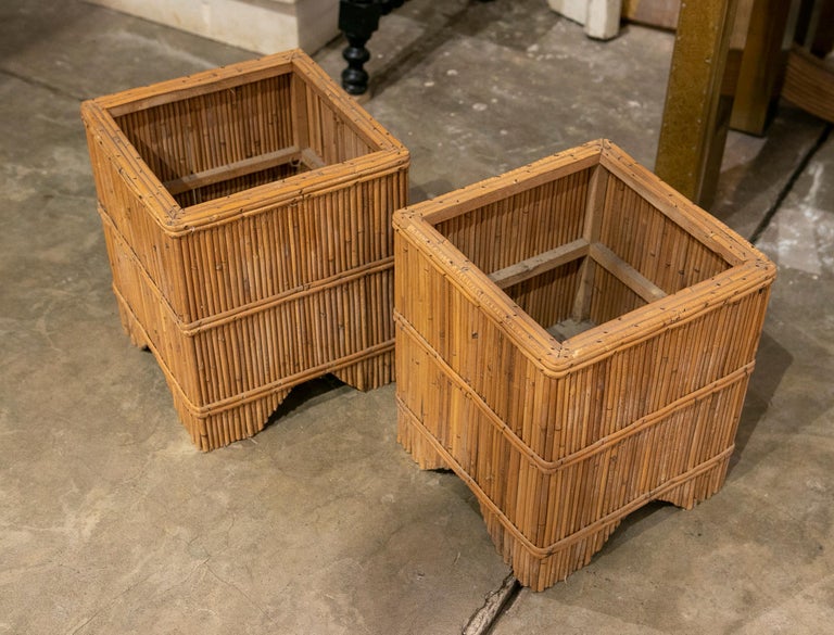 Spanish Pair of Square Bamboo Flowerpots For Sale at 1stDibs